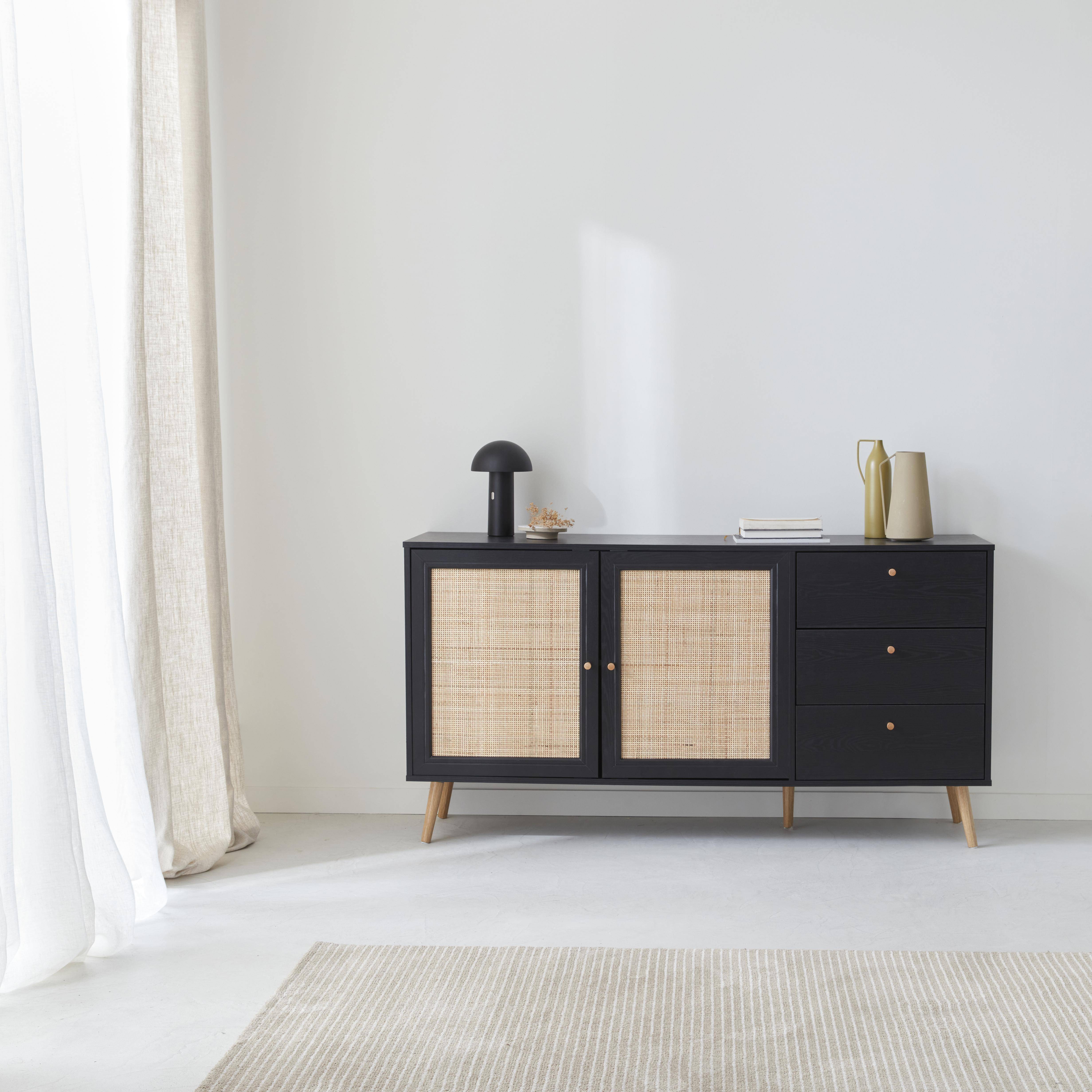 Wood and cane rattan detail sideboard, 2 doors & 3 drawers | sweeek