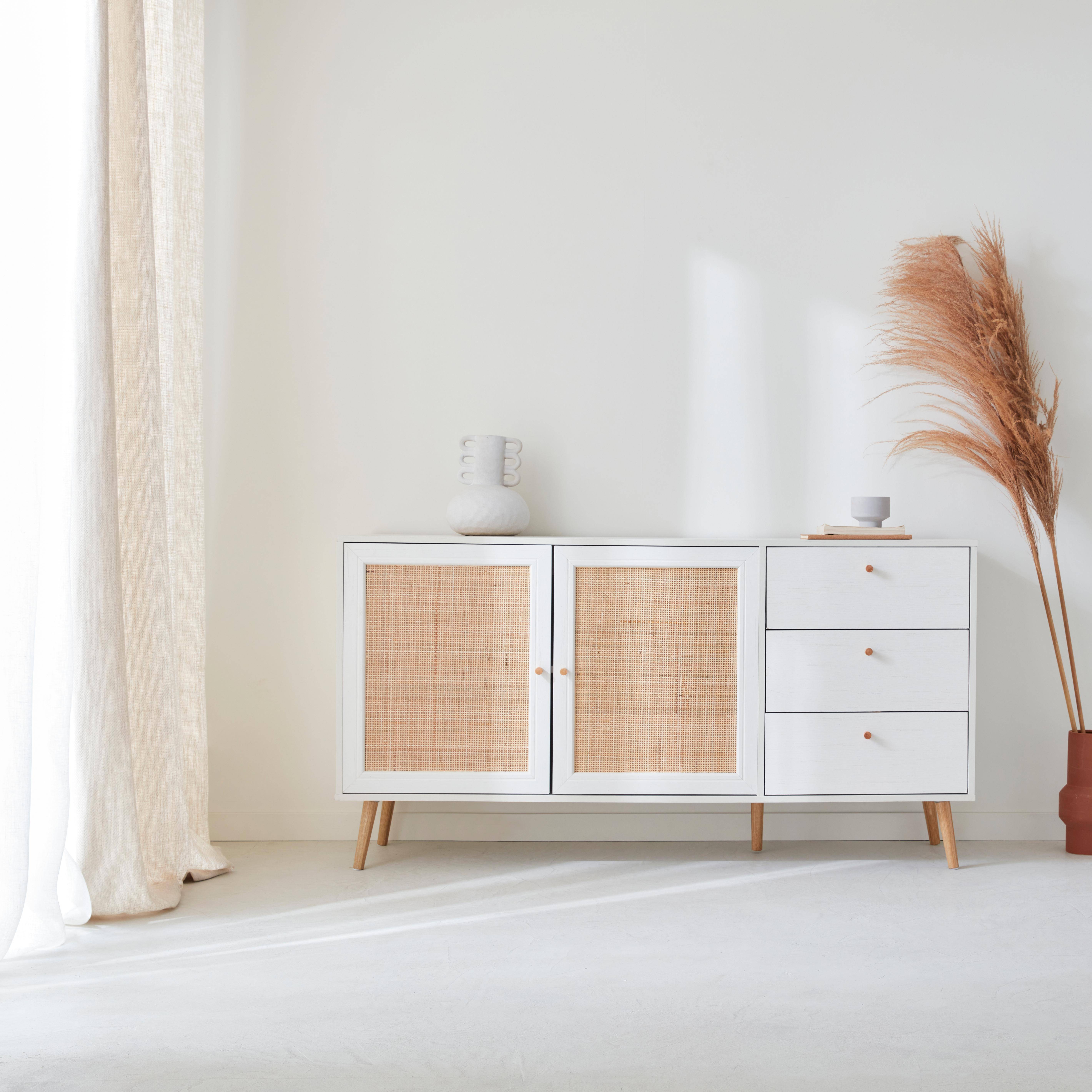 Wood and cane rattan detail sideboard, 2 doors & 3 drawers, White ...