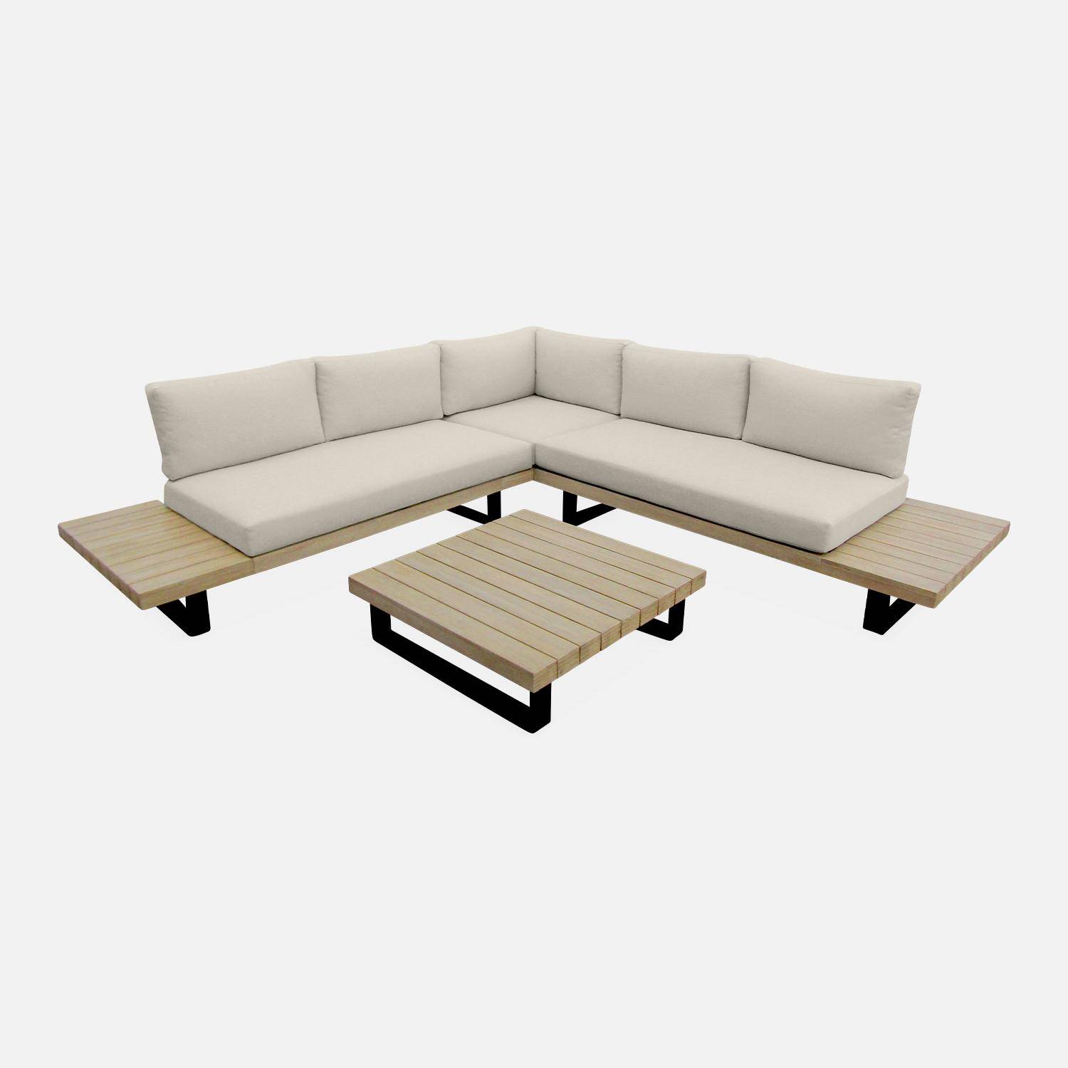 Salon de jardin en bois, coussins beige | sweeek