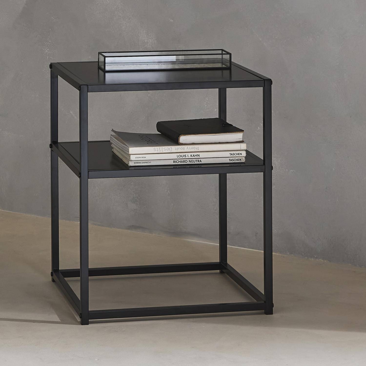Black metal bedside table with shelf, Black