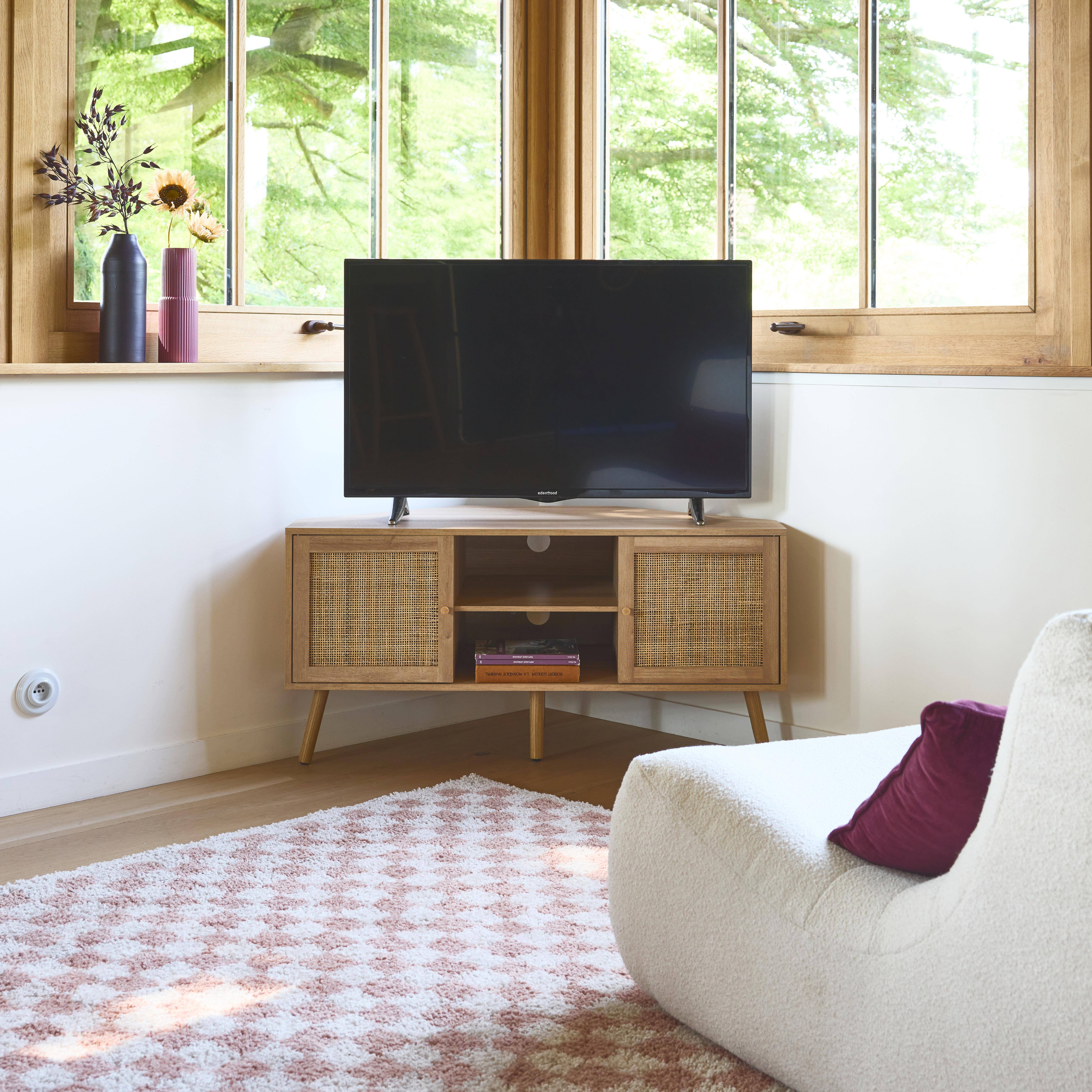 Wood and cane decor 2 door corner TV unit I sweeek
