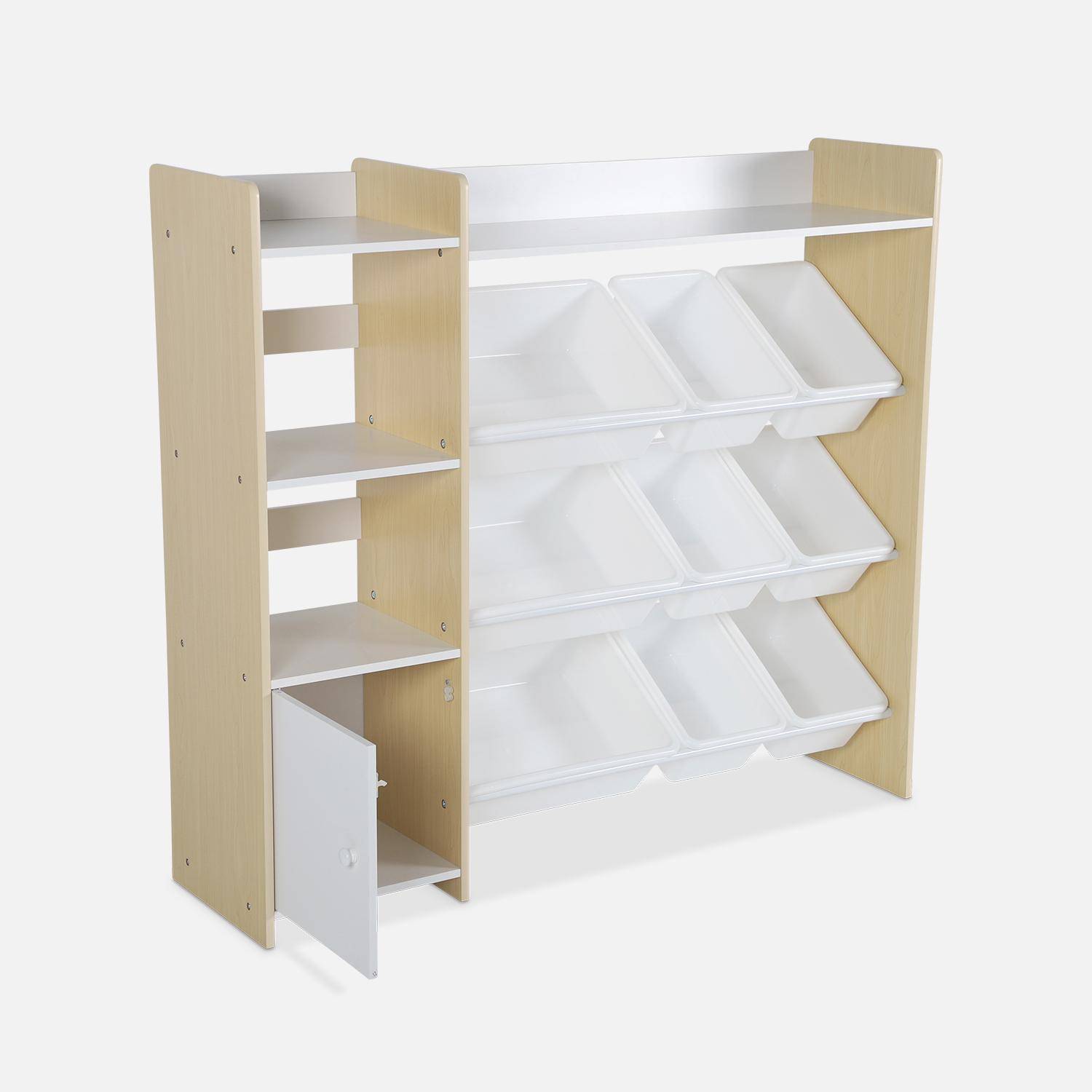 Children s storage unit with 9 storage boxes 4 shelves 1 door Sora White 111.8x29.7x100 cm