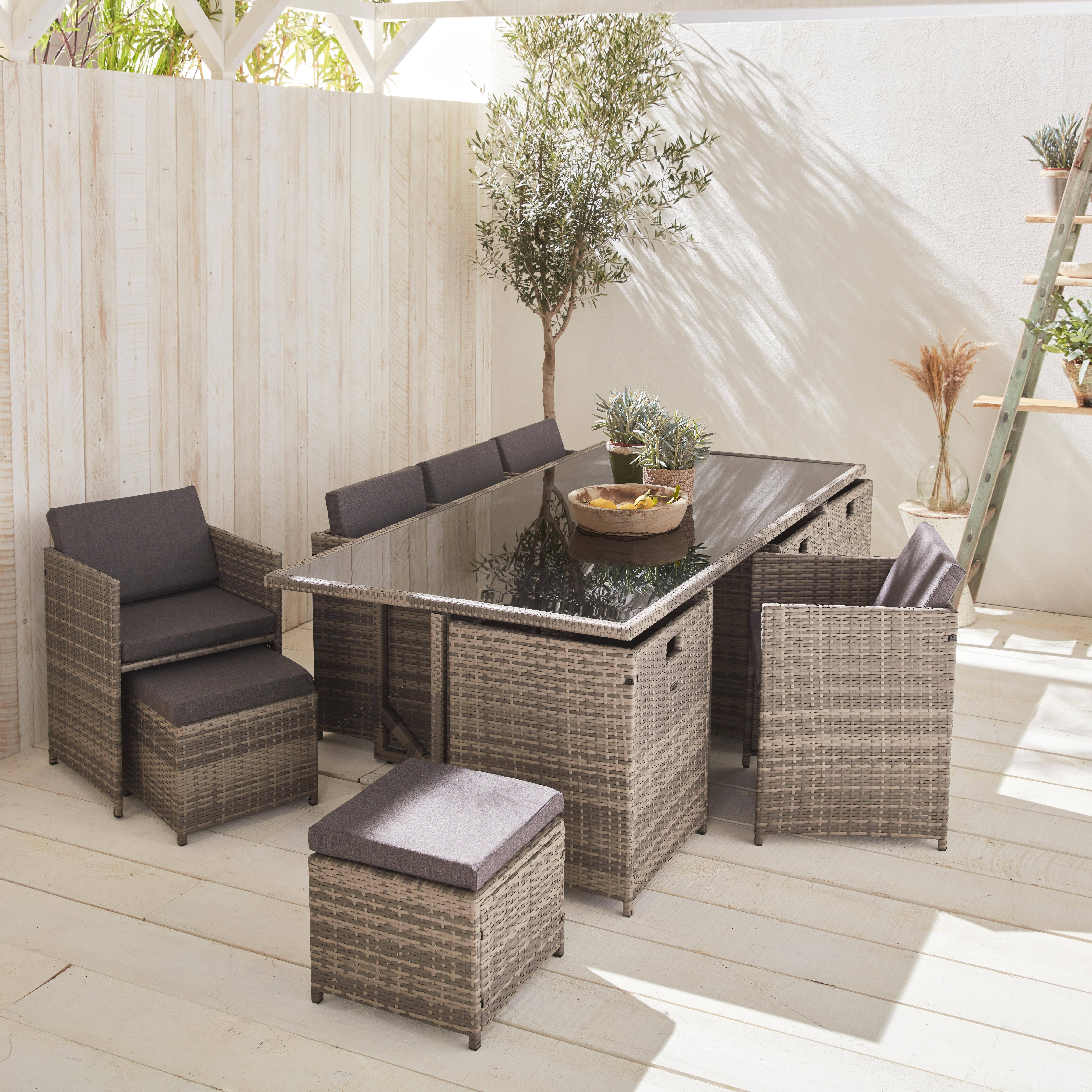 Mesa de jardín encastrable de resina trenzada 12 sillones + funda ...