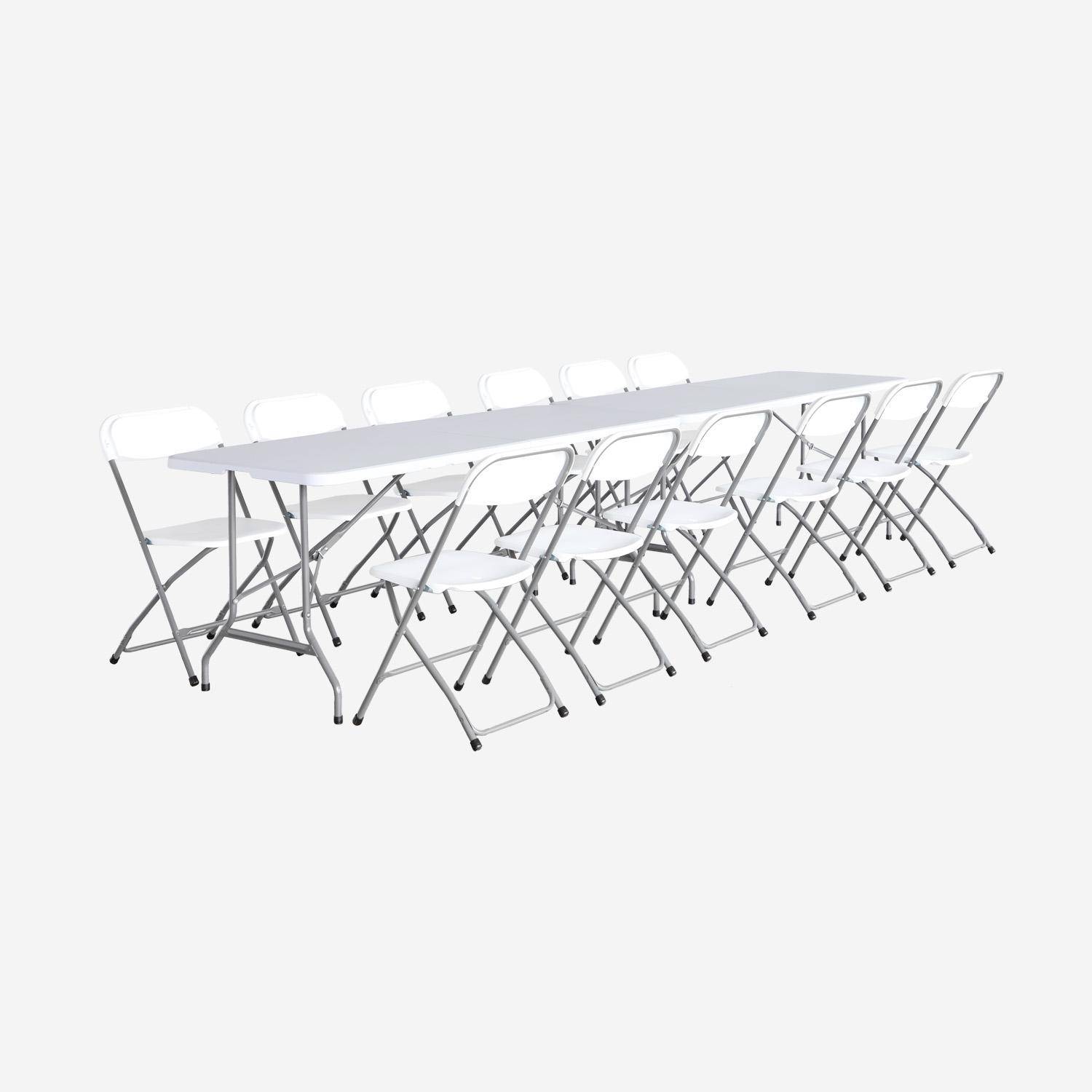 Pair of folding plastic reception tables with 12 chairs, White