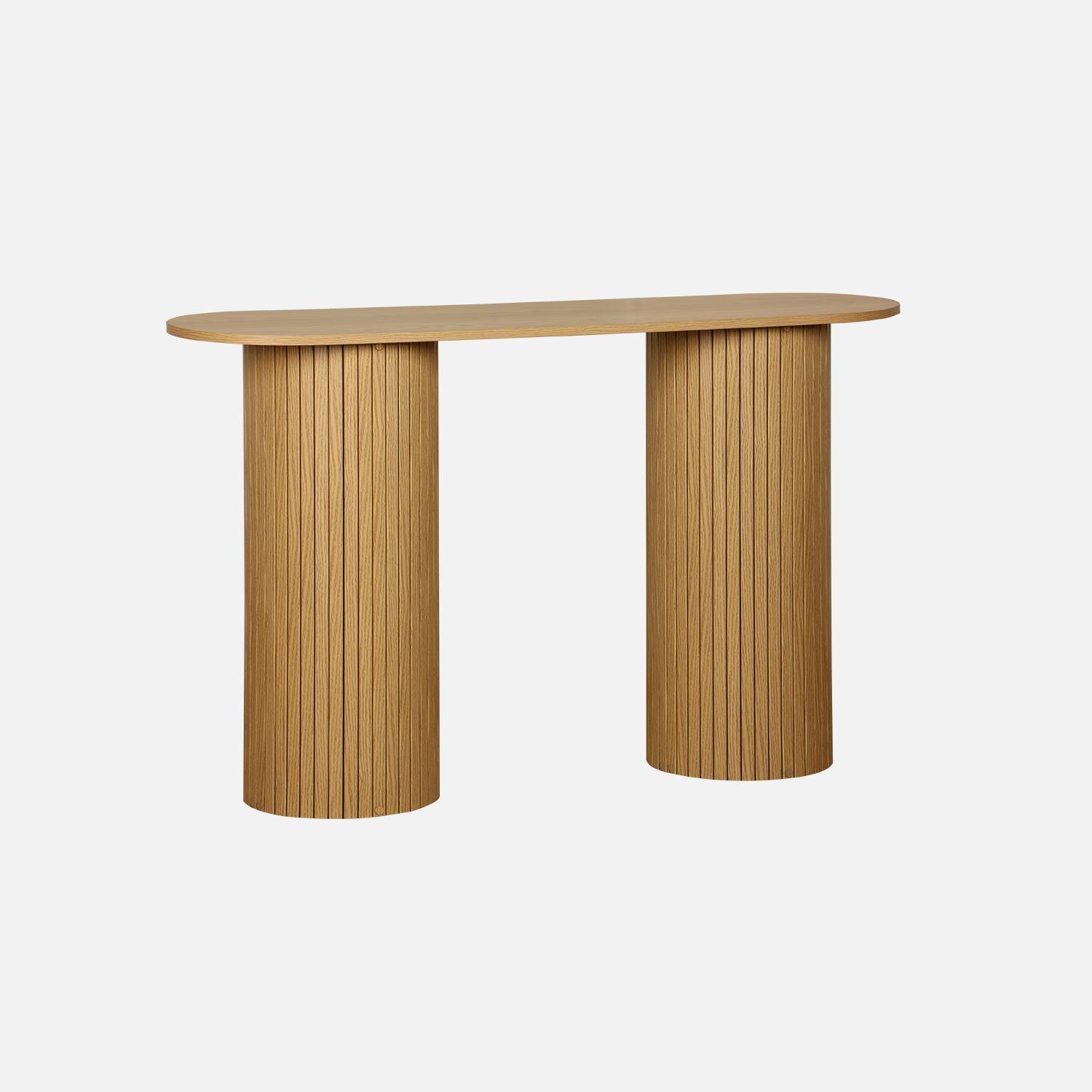 Scandinavian oval console with grooved wooden effect, Natural