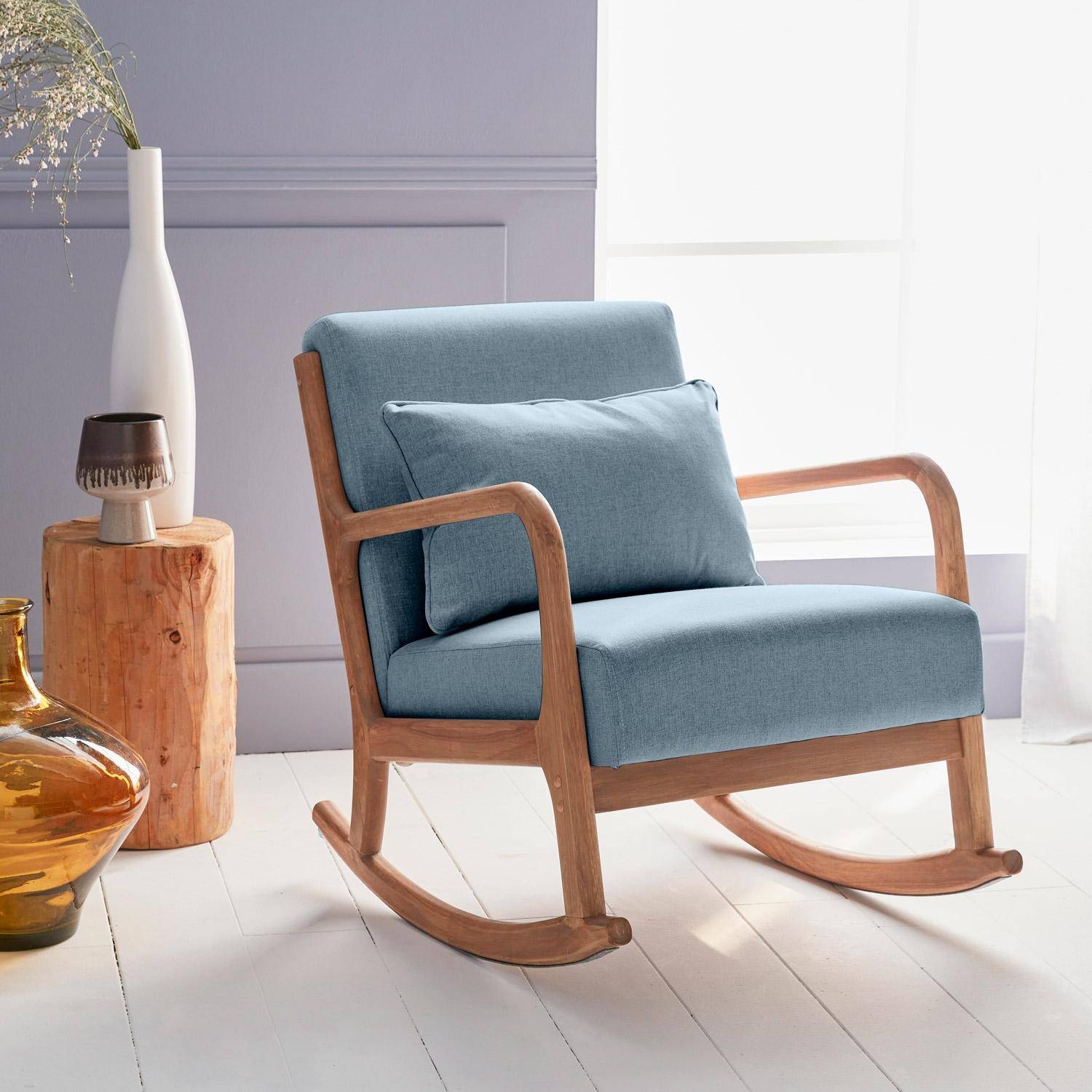 Scandi-style wooden rocking chair with cushion, Blue | sweeek