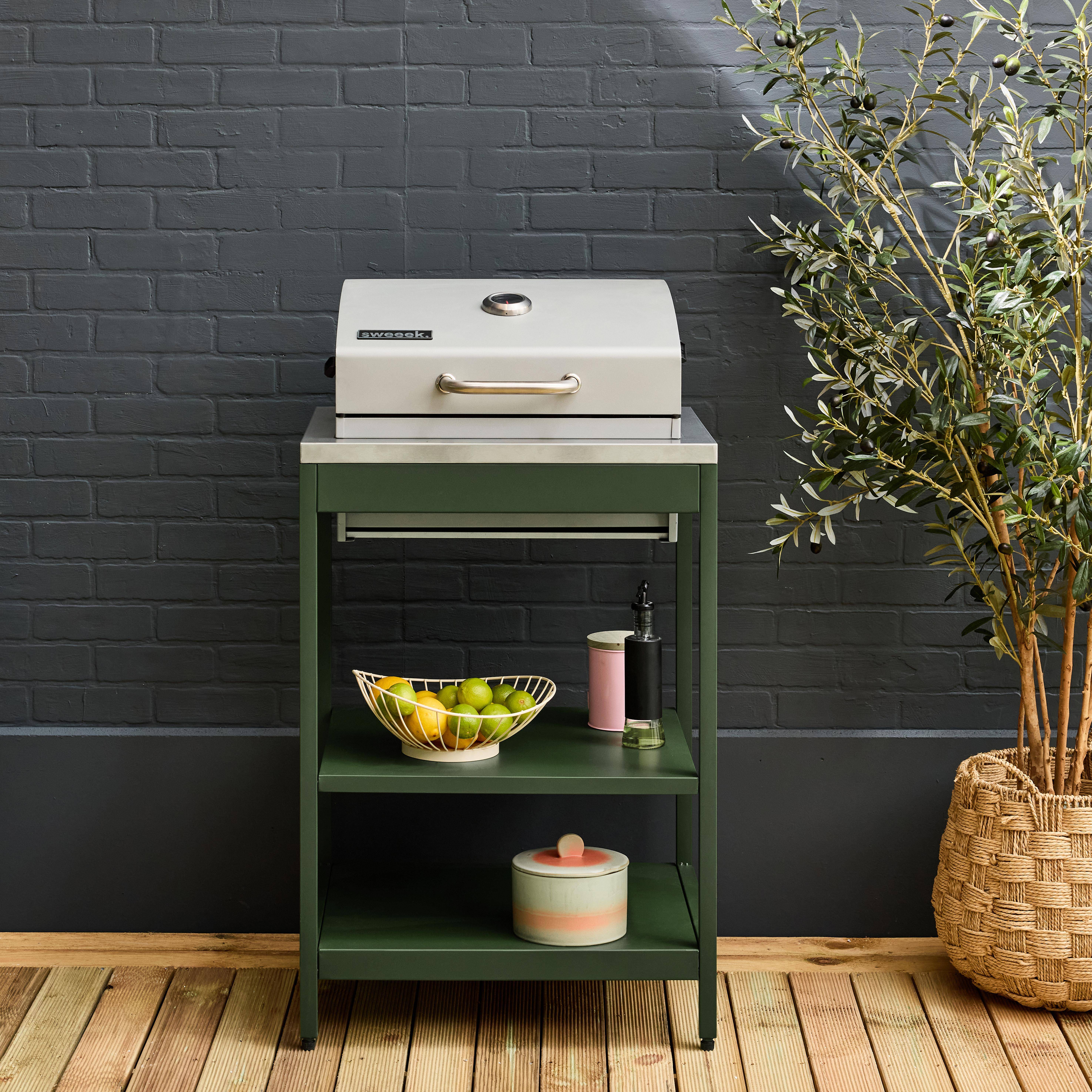 Charcoal barbecue grill stainless steel with shelves, green | sweeek