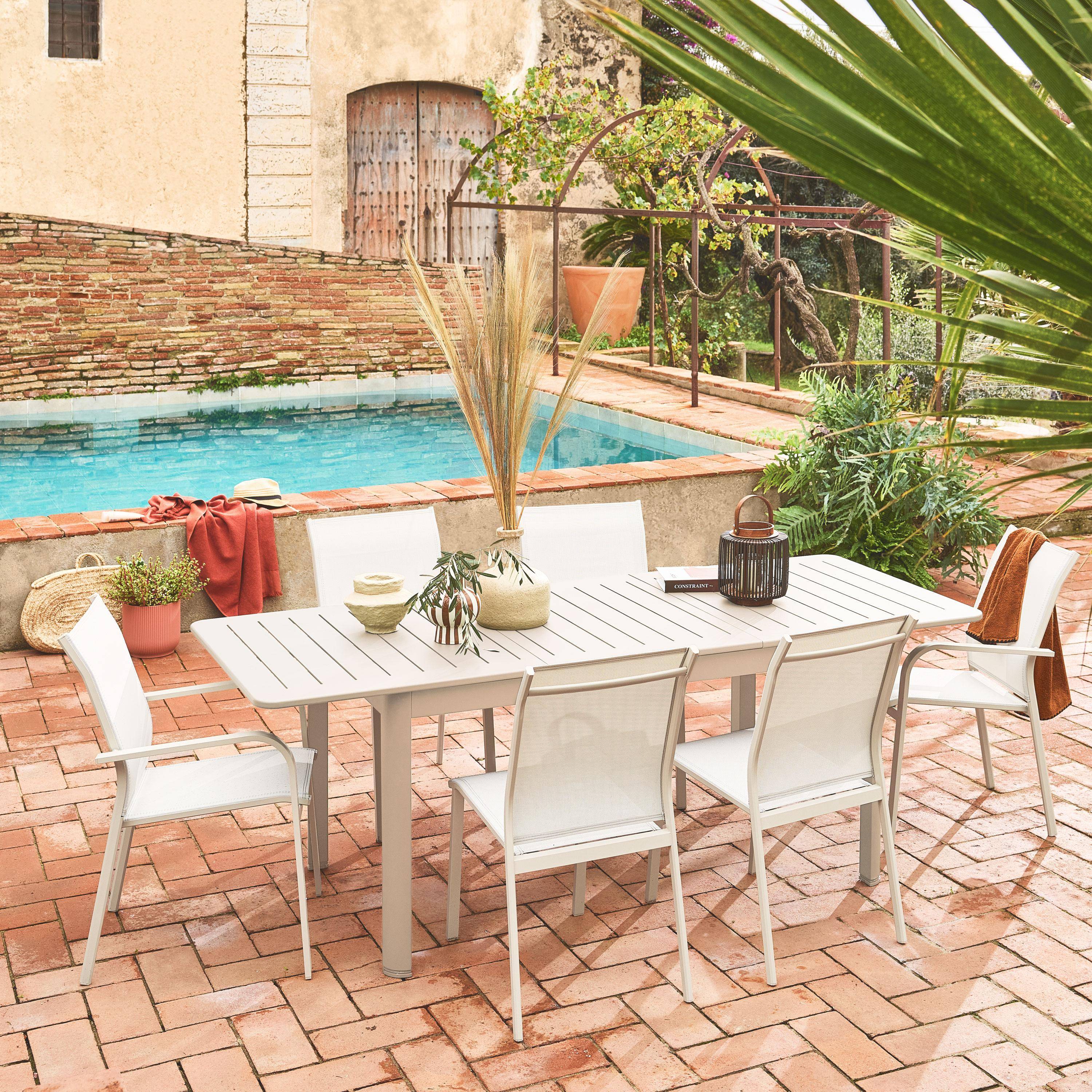 Table de jardin extensible aluminium et textilène beige, 6 places | sweeek