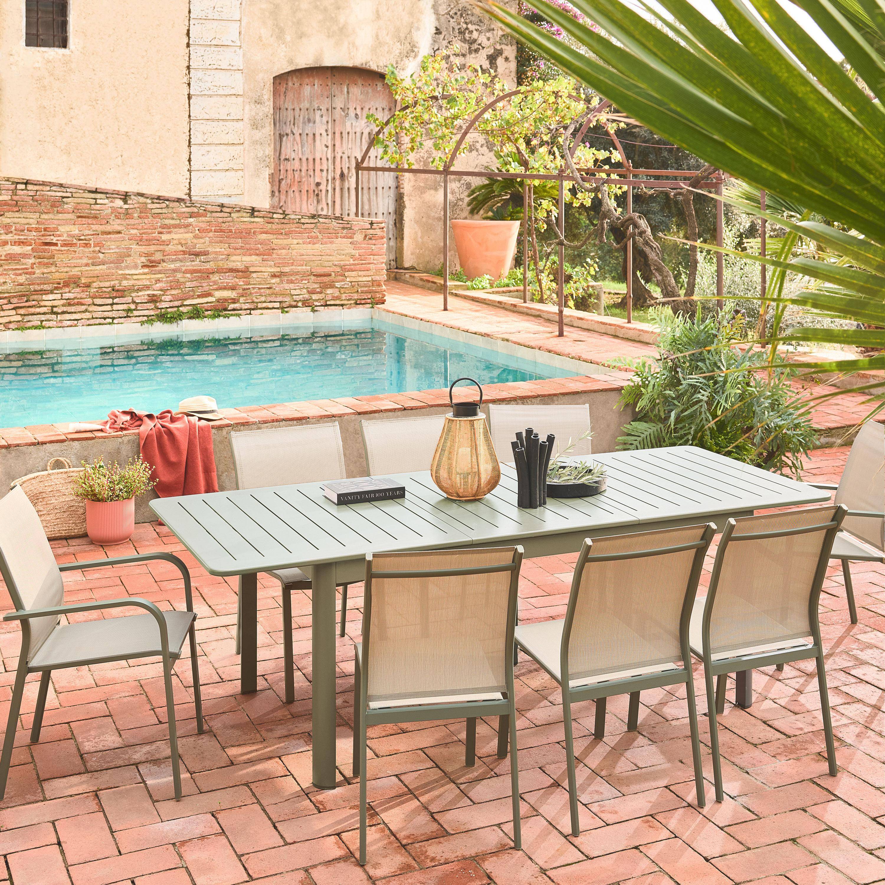 Table de jardin extensible aluminium et textilène kaki, 8 places | sweeek