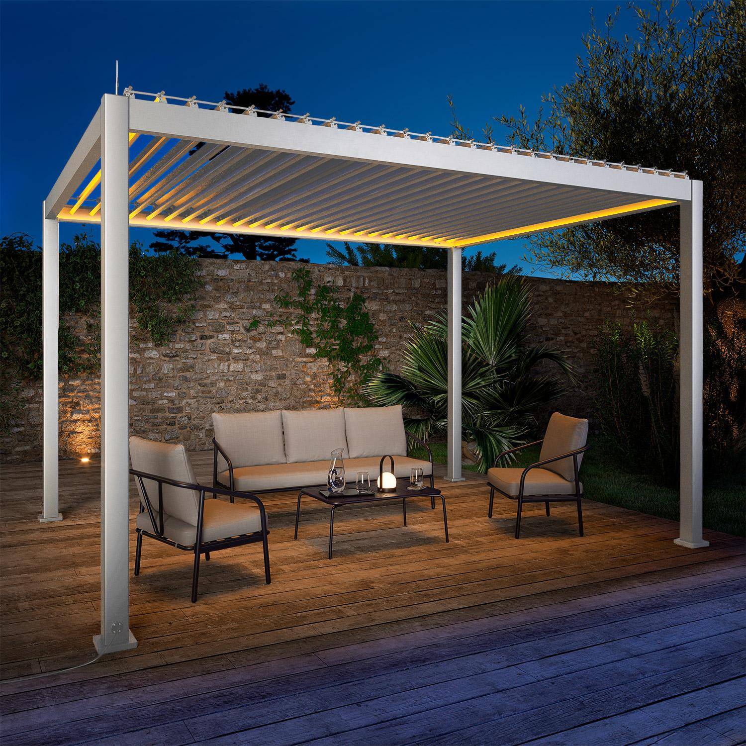 Pérgola bioclimática de aluminio con iluminación LED 3x4m, Blanco