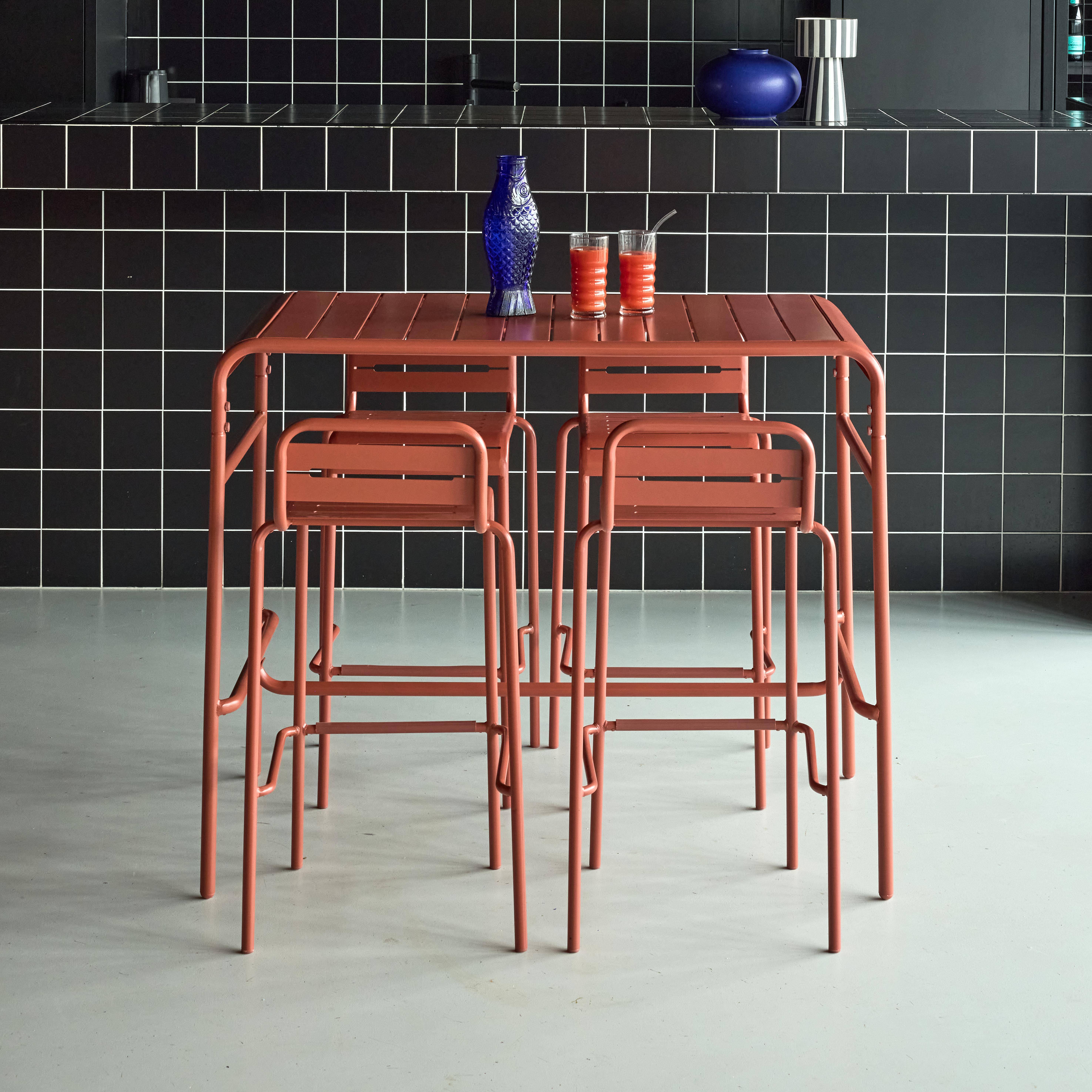 Garden high table with 4 steel bar stools, Terracotta | sweeek