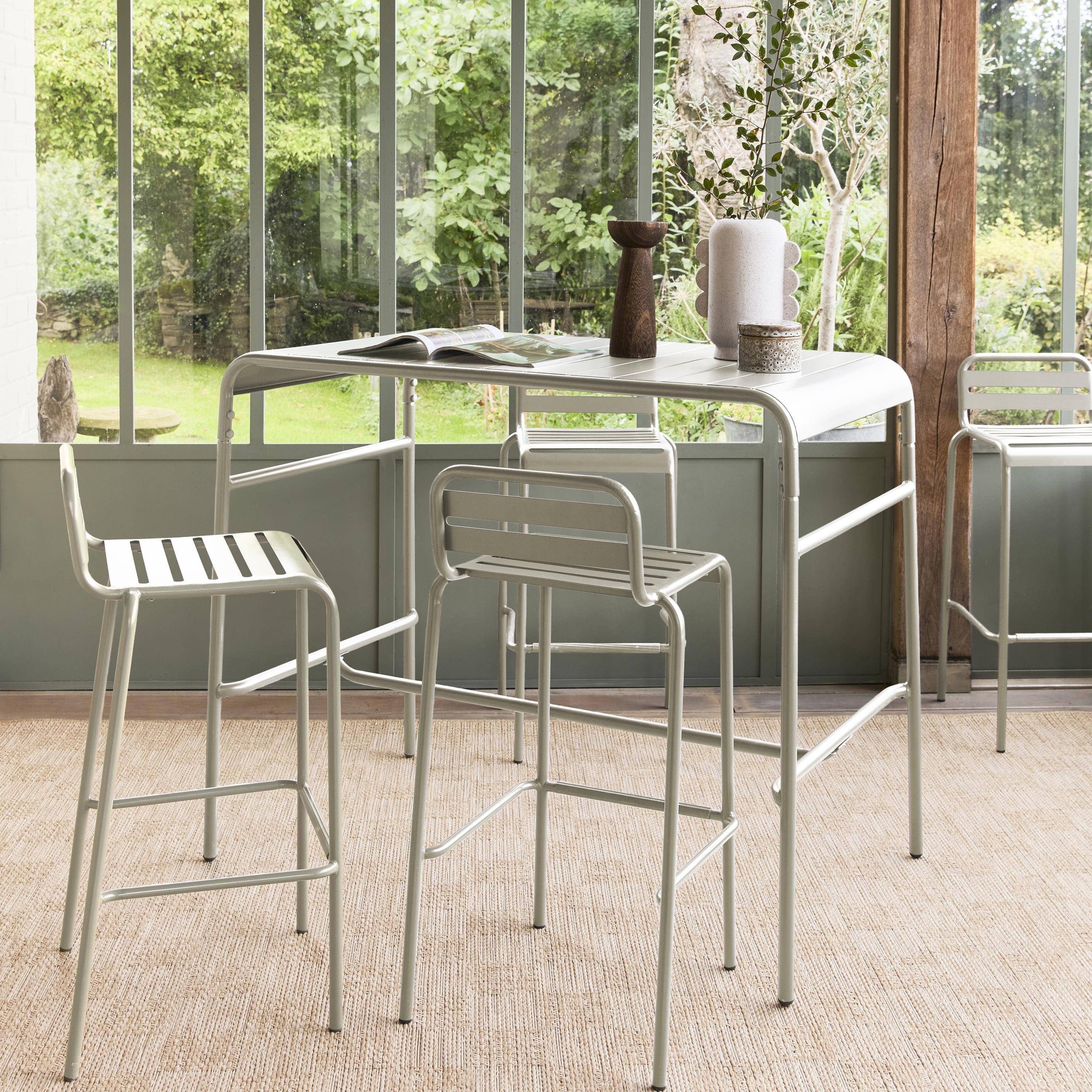 Table haute de jardin beige, 4 chaises hautes en acier | sweeek