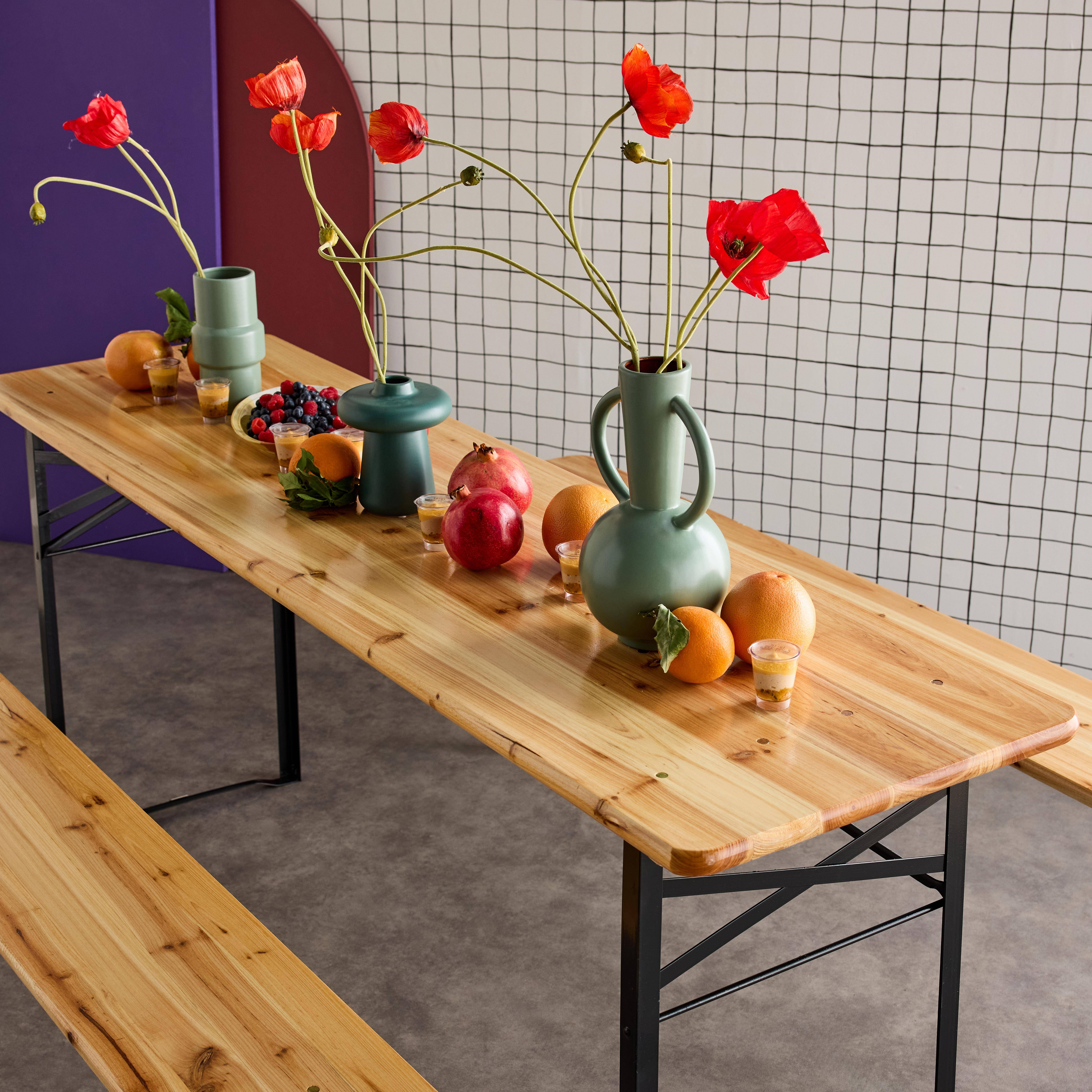 Folding reception table made of fir wood with 2 benches (set of 2 ...