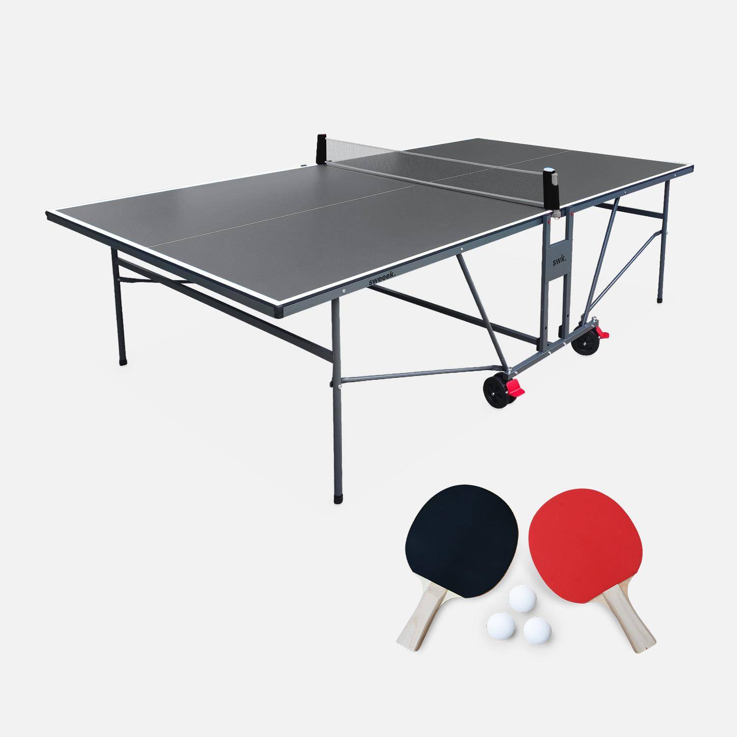 Indoor ping pong table with 2 rackets and 3 balls, Grey | sweeek