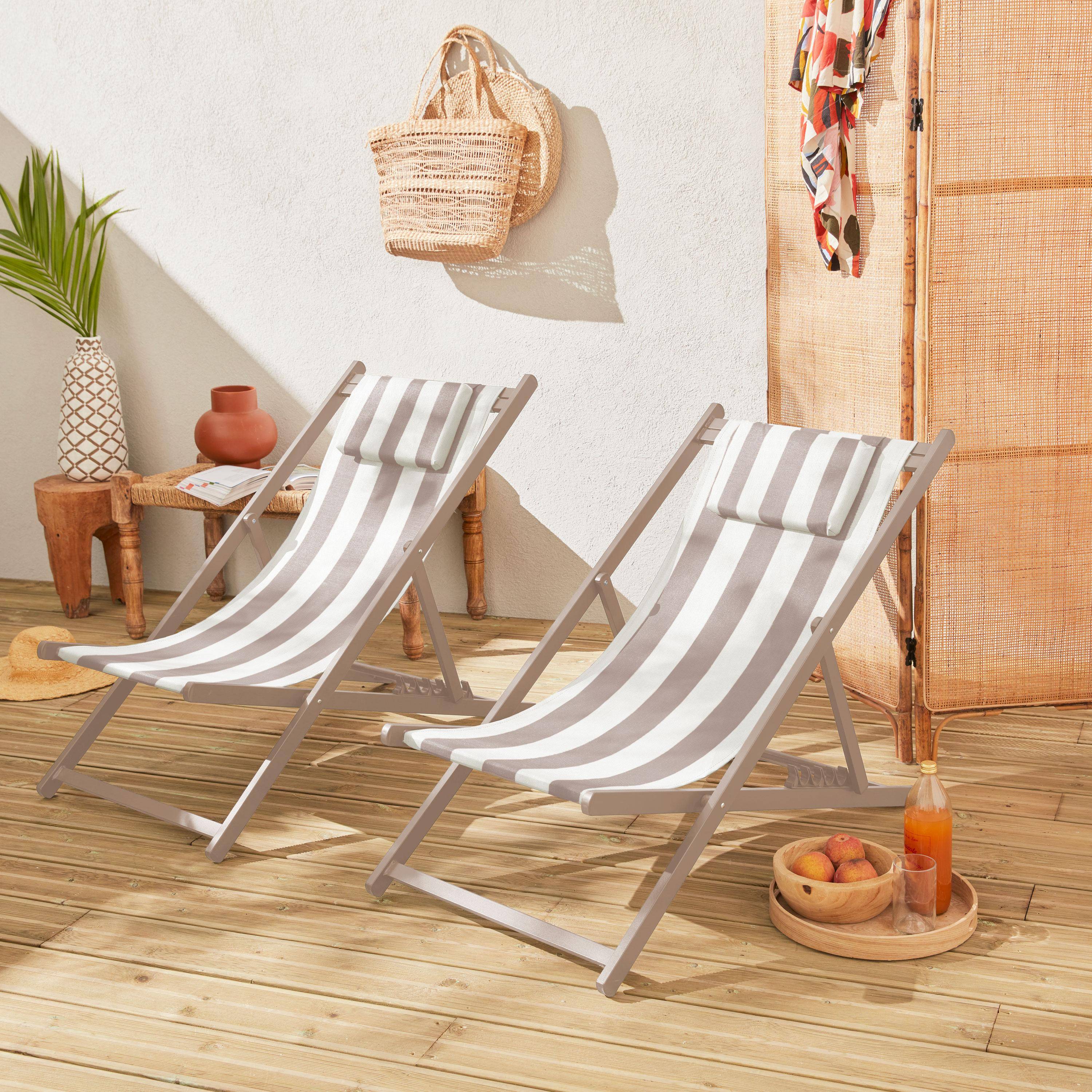 Tumbona de aluminio multi posiciones, set de 2, Rayas beige