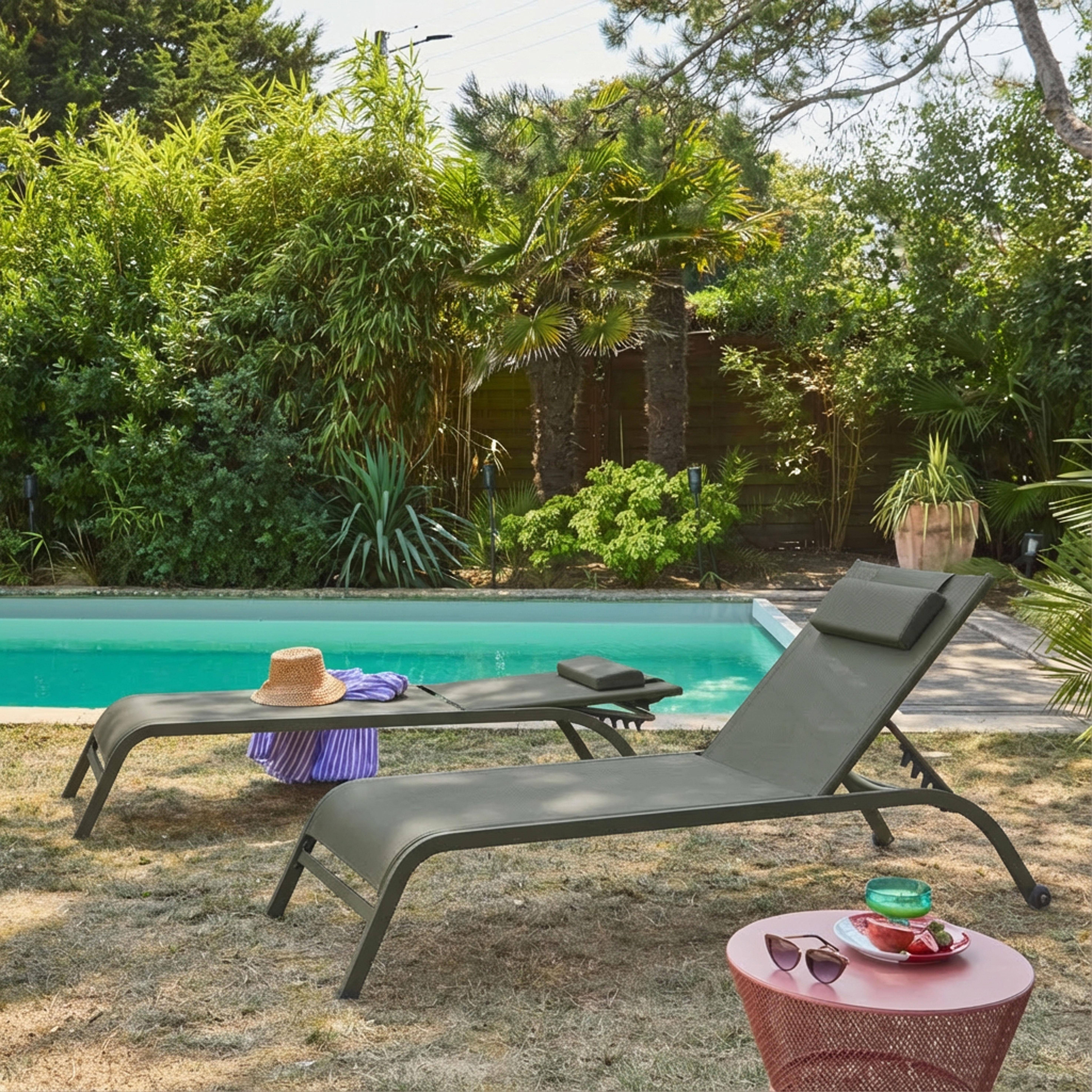 Set of 2 multi-position steel sun loungers with cushion and wheels ...