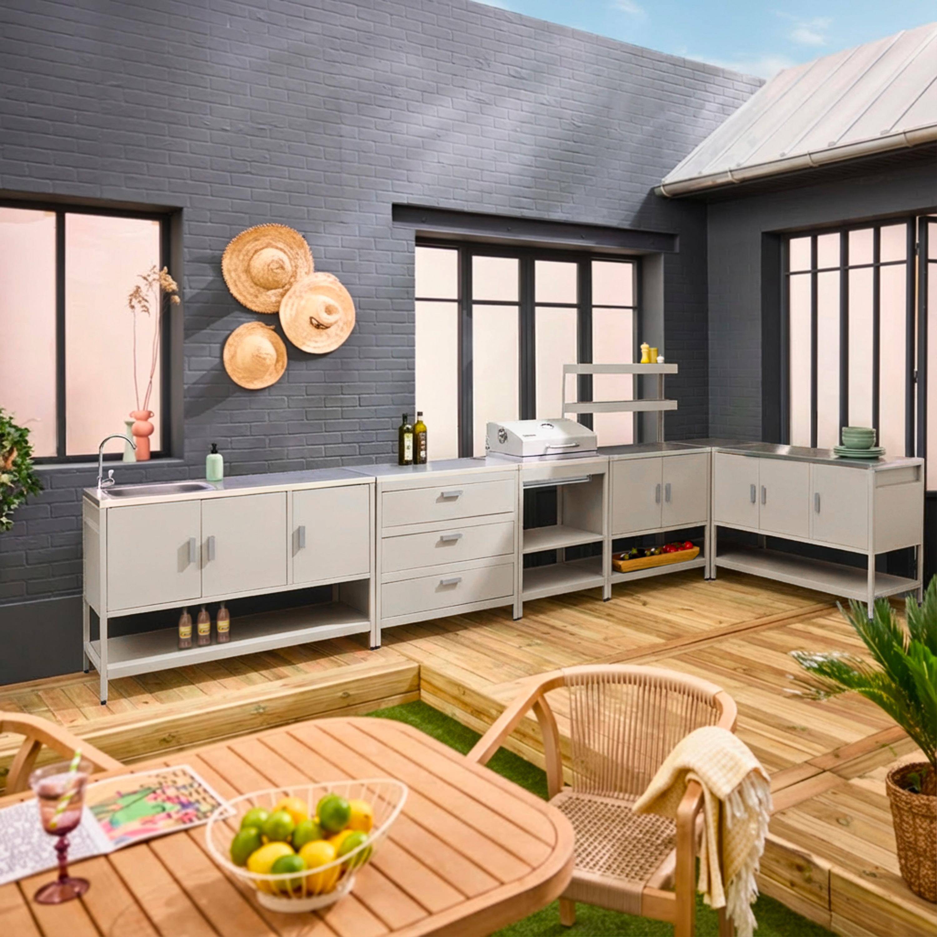 Outdoor kitchen with charcoal barbecue and 5 modules with sink beige ...