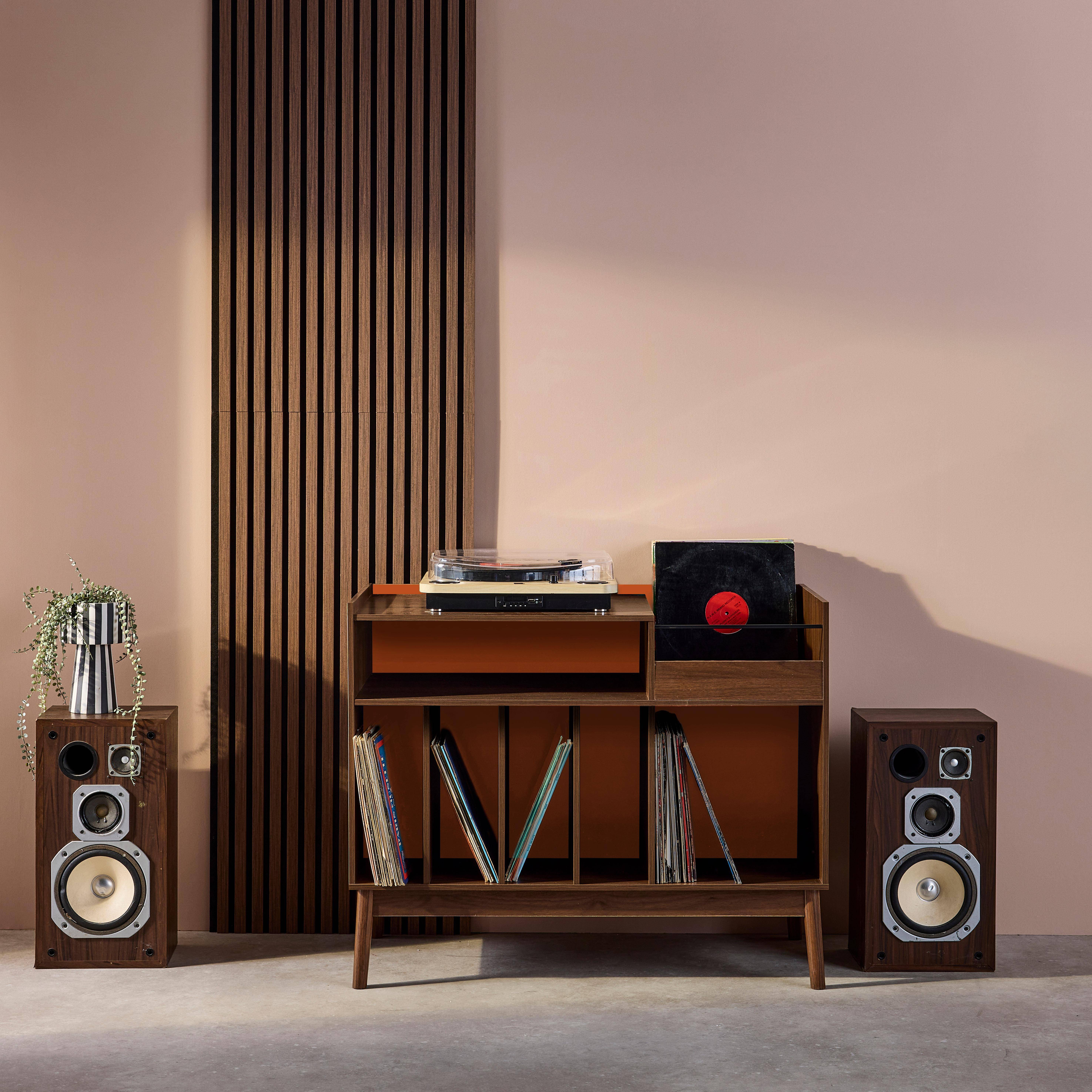 Vintage two-tone vinyl furniture with wood decor and colored background ...